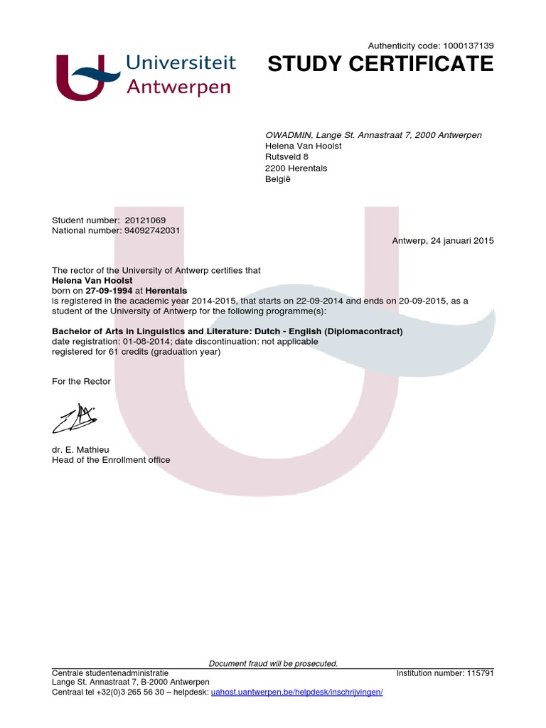 Study Certificate: OWADMIN, Lange St. Annastraat 7, 2000 Antwerpen | PDF