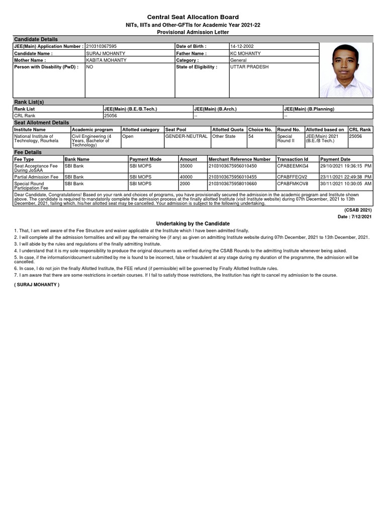 Admission Letter Csab | PDF