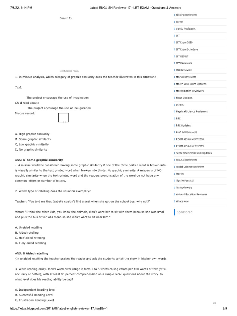 Latest ENGLISH Reviewer 17 - LET EXAM - Questions & Answers | PDF