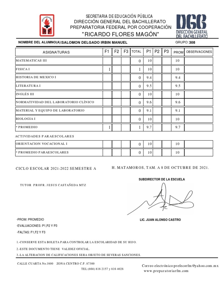Boleta de Calificaciones Preparatoria 2021 | PDF