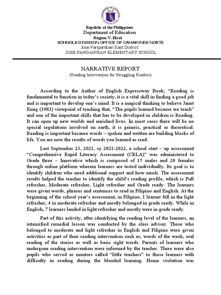 Narrative Report on CRLA Reading Intervention | PDF | Learning ...