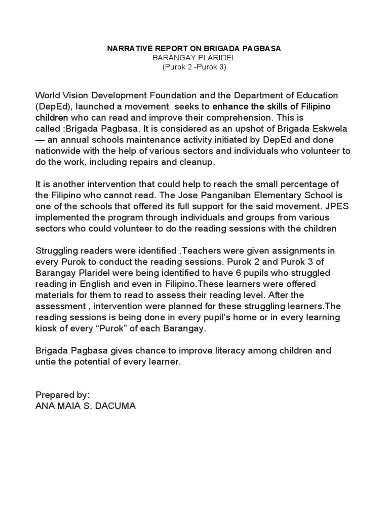 Narrative Report On Brigada Pagbasa | PDF | Social Science | Self-Improvement