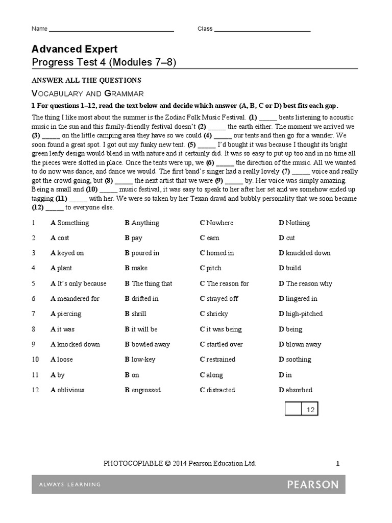Progress Test 4 Modules 7 8 Advanced Expert Pdf Feeling