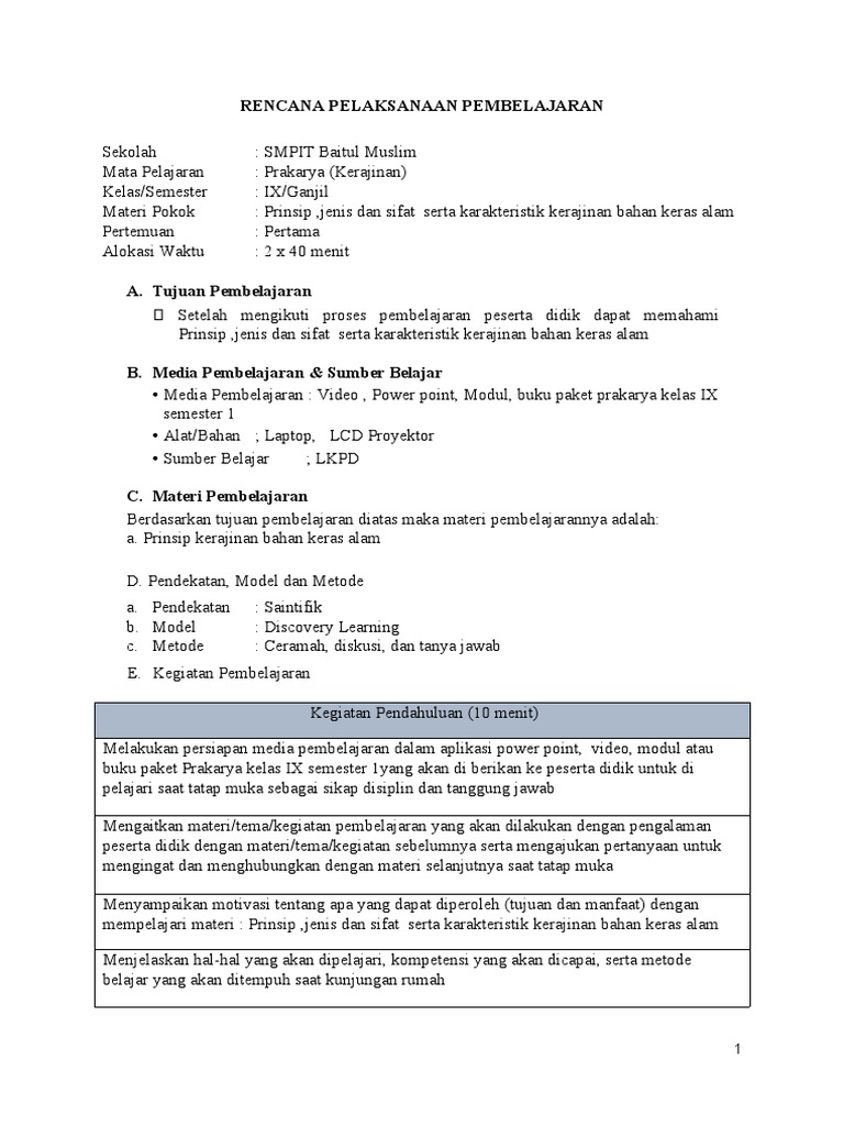 RPP Prakarya Kelas 8 Jsit | PDF