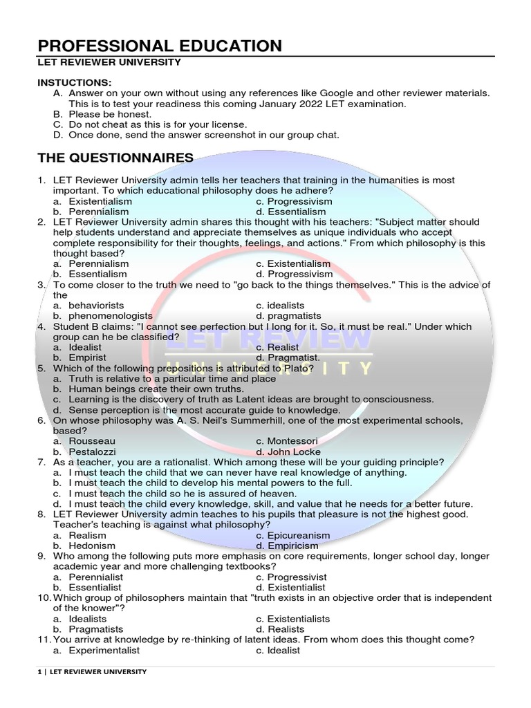 Professional Education Exam A1 | PDF | Id | Teaching Method