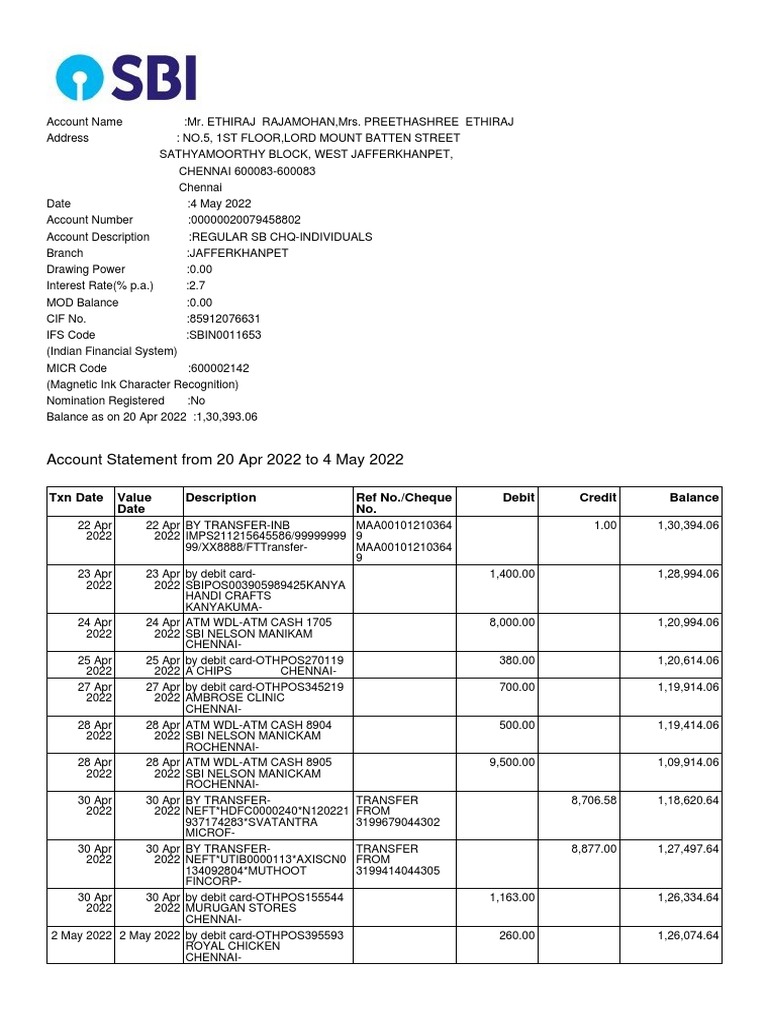 Account Statement From 20 Apr 2022 To 4 May 2022: TXN Date Value Date Description Ref No./Cheque ...