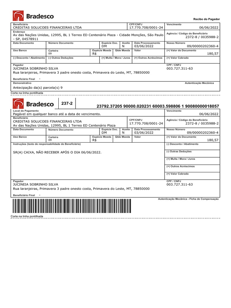 Recibo de pagamento antecipado de parcelas de empréstimo | PDF ...