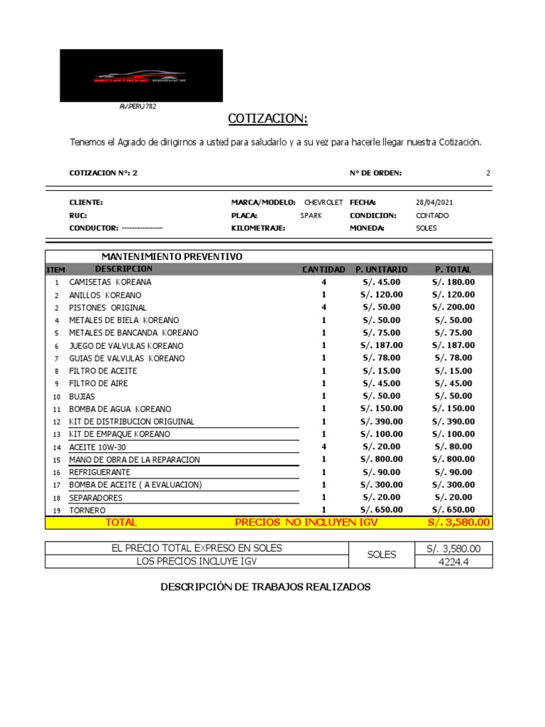 Cotizacion Chevrolet Spark | PDF | Bienes manufacturados | Ingeniería ...