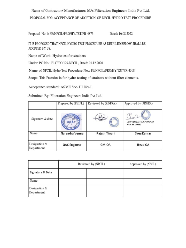 Hydro Test Procedure For y Type Strainer | PDF