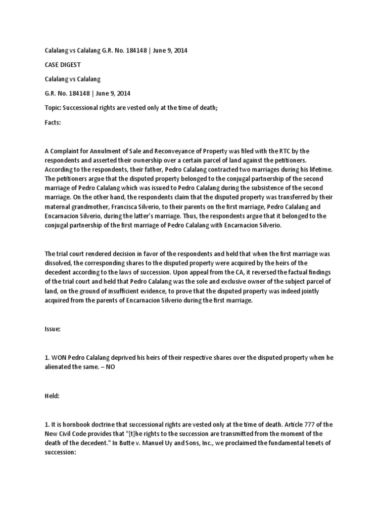 Calalang Vs Calalang G | PDF | Inheritance | Private Law