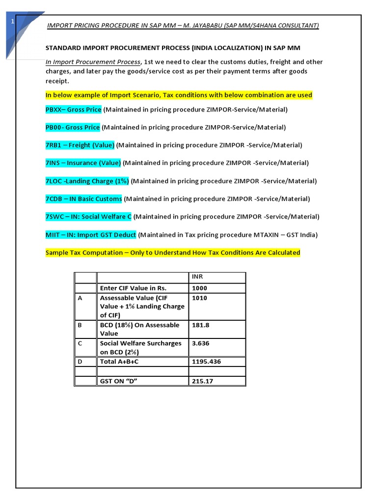 Standard Import Pricing Procedure (India) in SAP MM | PDF | Pricing | Value Added Tax