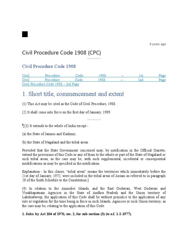Short Title, Commencement and Extent: Civil Procedure Code 1908 (CPC ...