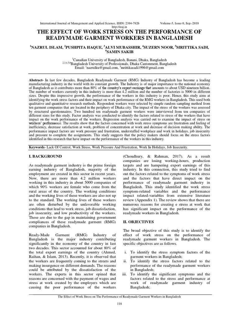 The Effect of Work Stress On The Performance of Readymade Garment ...