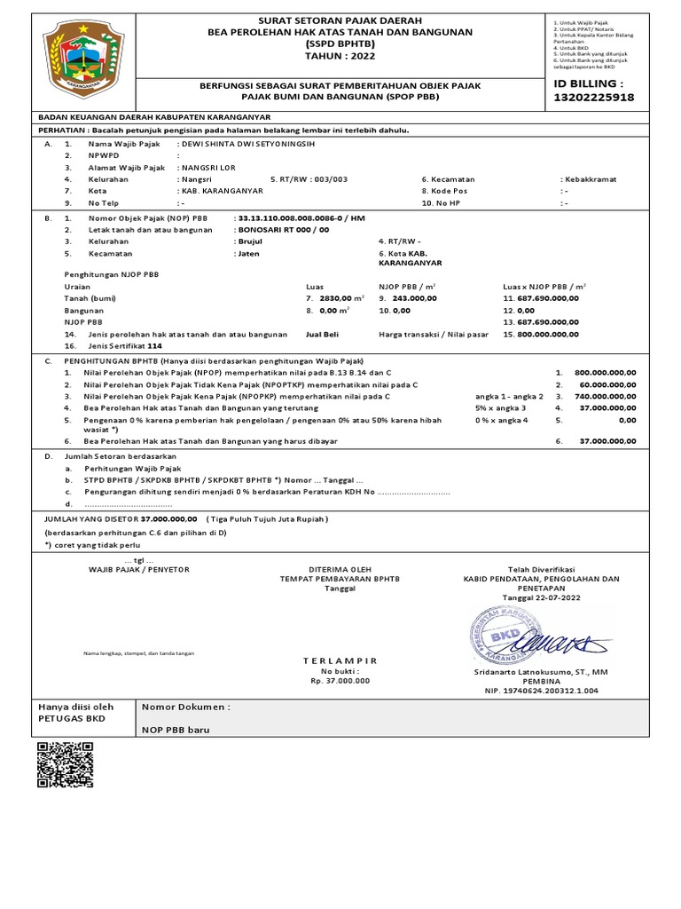 Cetak SSPD BPHTB 20220725071340 | PDF