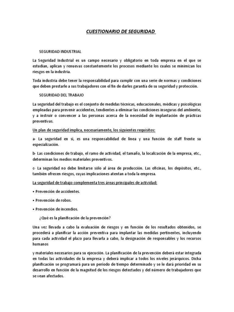 Cuestionario Seguridad | PDF | Seguridad y salud ocupacional | Riesgo