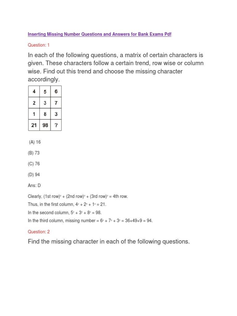 Missing Number Questions for Exams | PDF | Teaching Methods & Materials