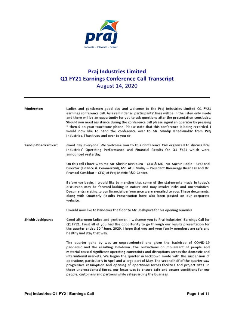 Praj Q1 FY 2020 21 Results Conf Call Transcripts | PDF | Sugarcane