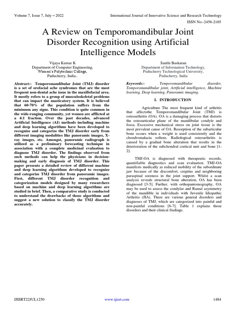 A Review On Temporomandibular Joint Disorder Recognition Using ...