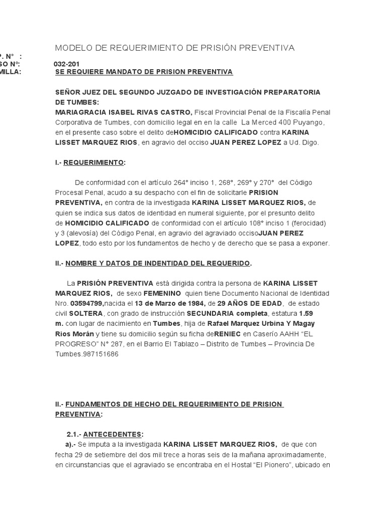 Modelo de Requerimiento de Prisión Preventiva | PDF | Homicidio | Asesinato Modelo de Requerimiento de Prisión Preventiva | PDF | Homicidio | Asesinato