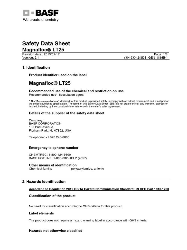 Safety Data Sheet: Magnafloc LT25 | PDF | Toxicity | Personal ...
