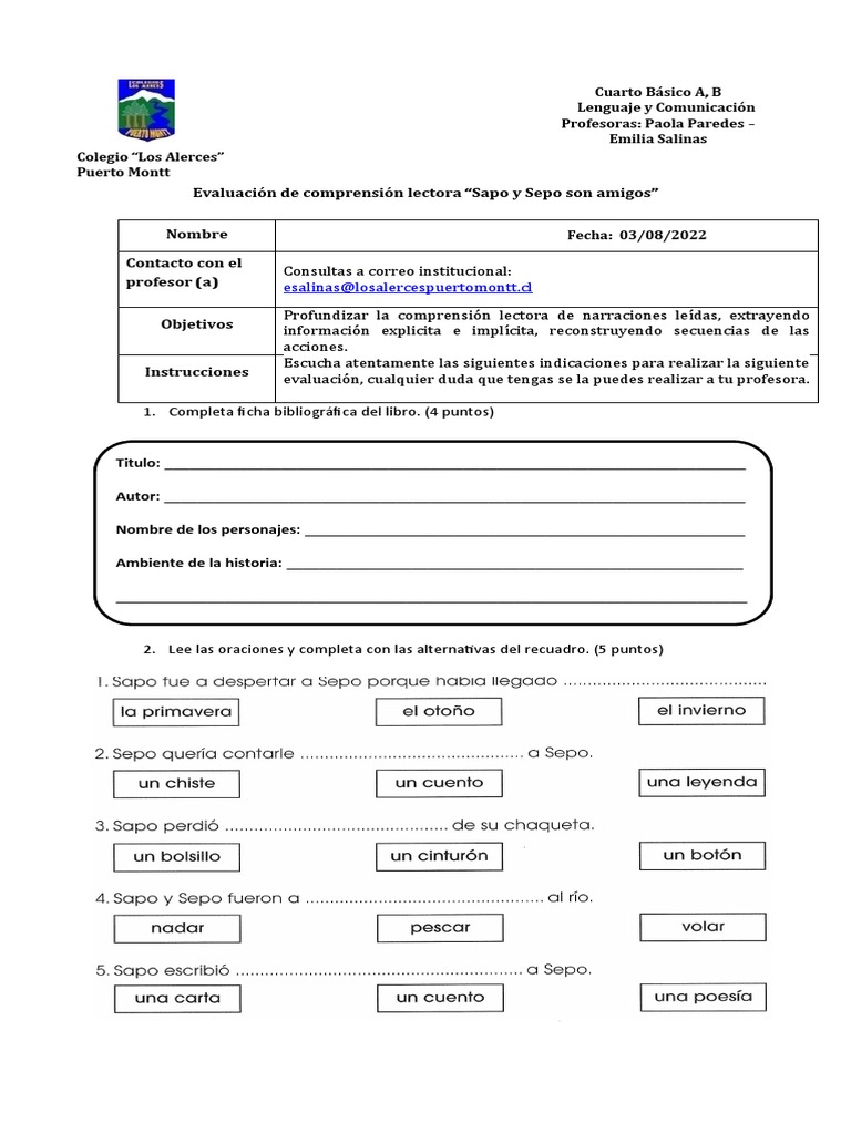 Evaluación Comprensión Lectora: Sapo y Sepo | PDF | Artes del Lenguaje ...