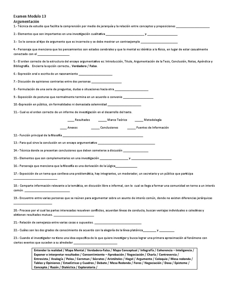 Examen Modulo 13 Argumentación | PDF | Ensayos | Hipótesis