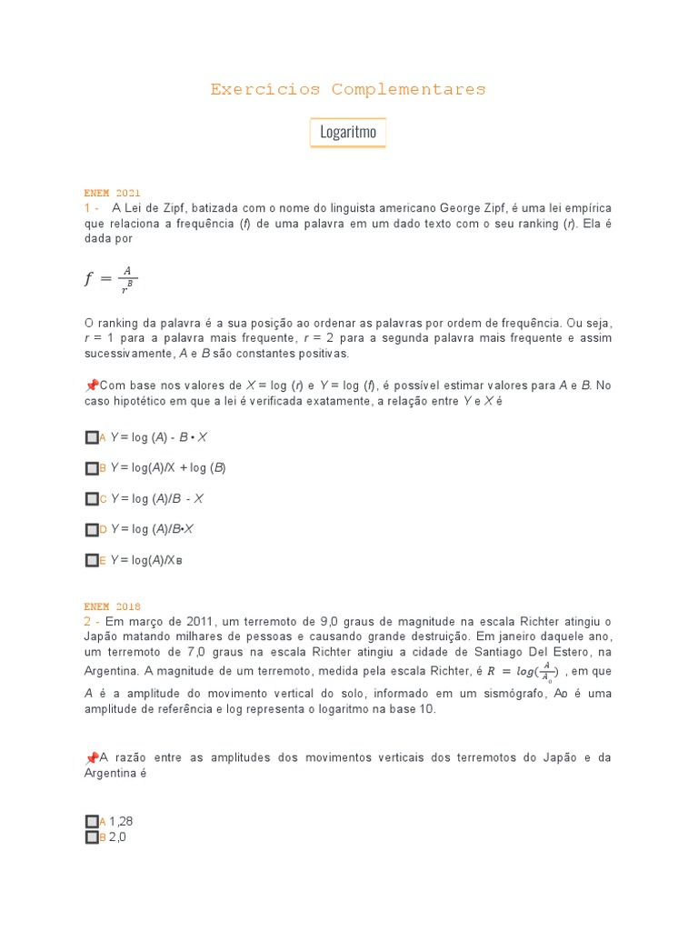Lista de Logaritmo UnB | PDF | Logaritmo | Terremotos