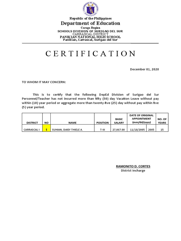 Certification of Leave Without Pay | PDF