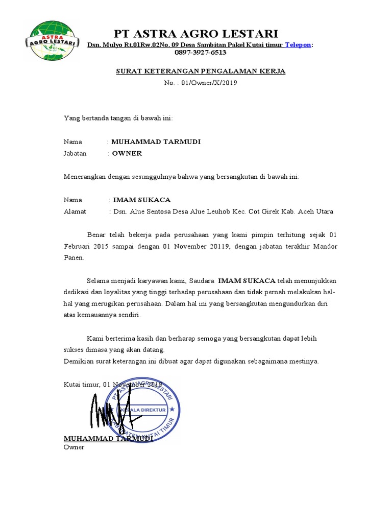 Surat Keterangan Kerja PT Astra Agro Lestari | PDF