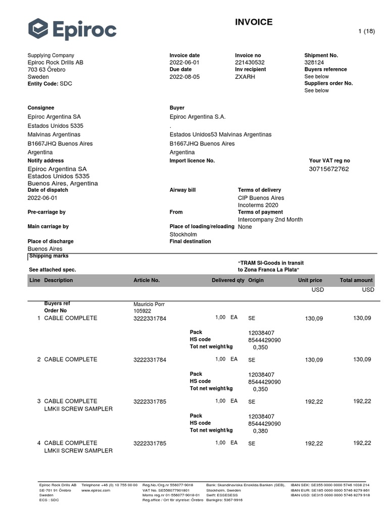 Epiroc Invoice for Rock Drills Supplies | PDF | Invoice