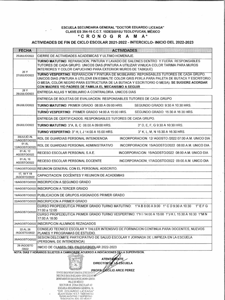 Cronograma de Actividades de Fin de Ciclo Escolar 2021-2022 e Inicio ...