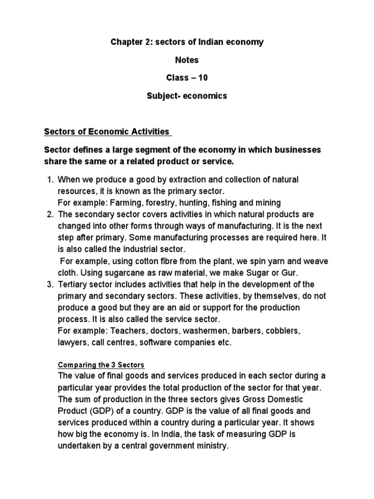 Chapter 2: Sectors of Indian Economy Notes Class - 10 Subject-Economics ...