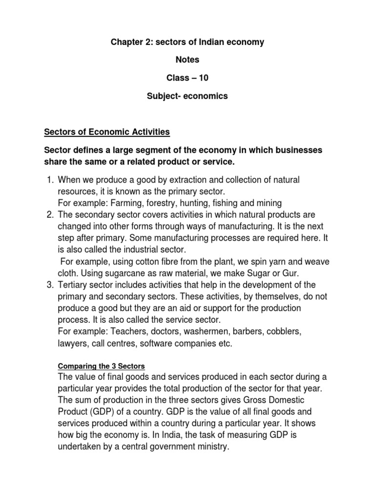 Chapter 2: Sectors of Indian Economy Notes Class - 10 Subject-Economics ...