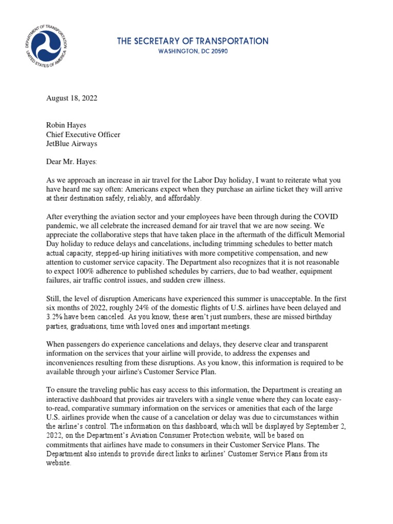 DOT Letter To JetBlue Airways | PDF | Airlines | Transport