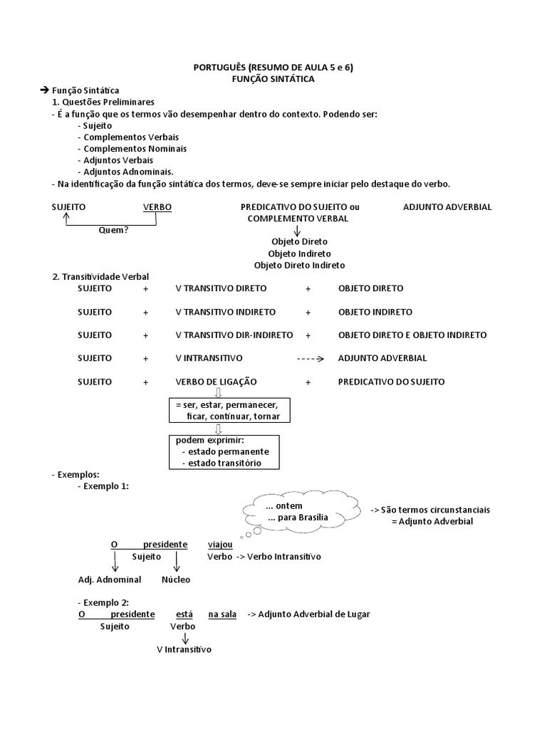 Resumo de Aula 5 e 6 - Função Sintática | PDF | Assunto (gramática ...
