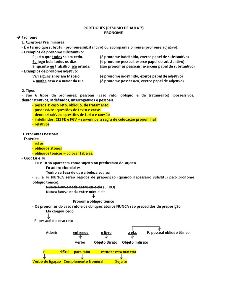 Resumo de Aula 7- Pronome | PDF | Pronome | Sintaxe