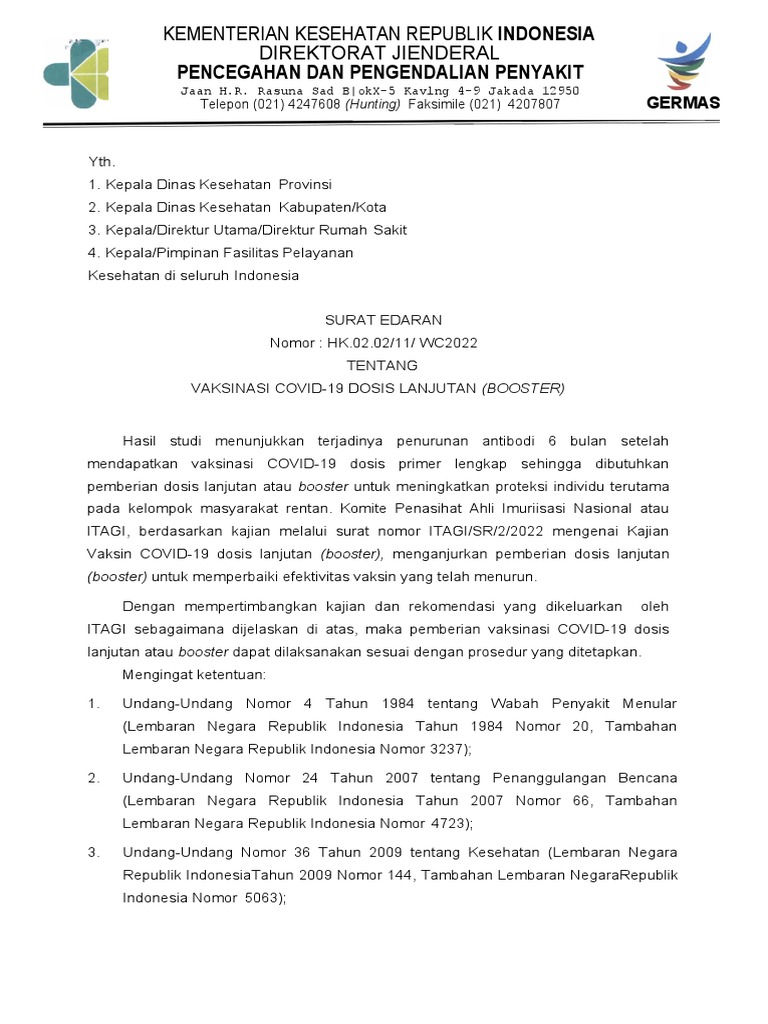 Surat Edaran Vaksinasi Covid-19 Dosis Lanjutan (Booster) (1) - Dikonversi | PDF | Pengembangan Diri