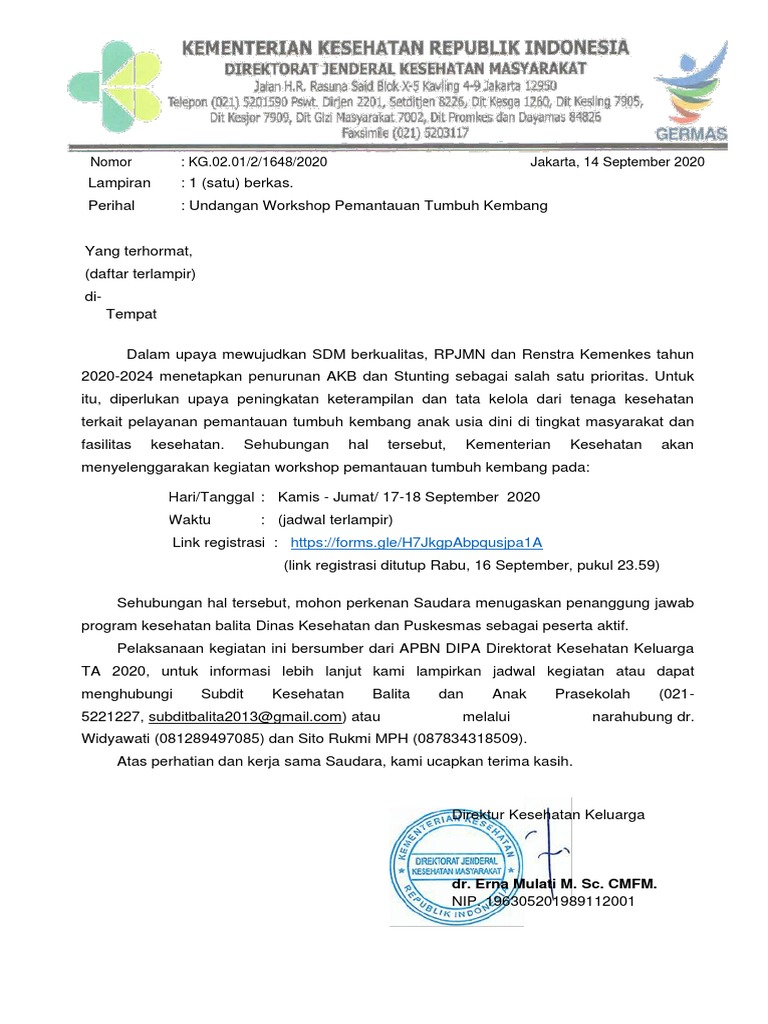 Surat Peserta Workshop Pemantauan Tumbuh Kembang 17-18 Sept 2020 | PDF