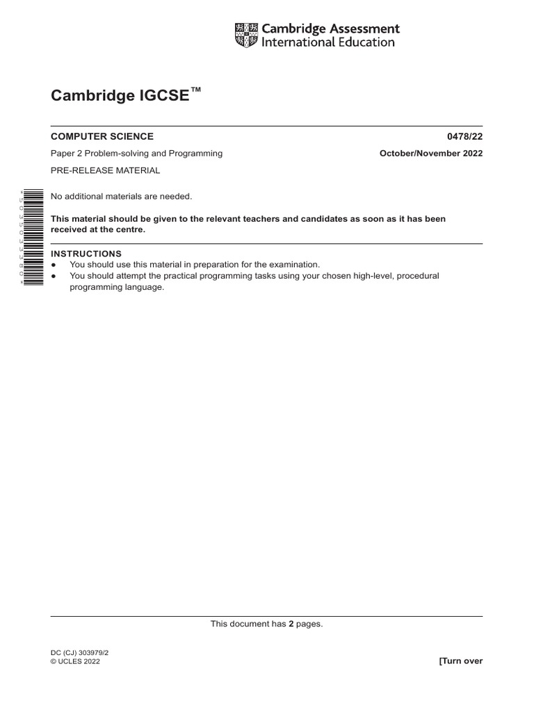 Cambridge IGCSE: Computer Science 0478/22 | PDF | Computer Programming | Copyright