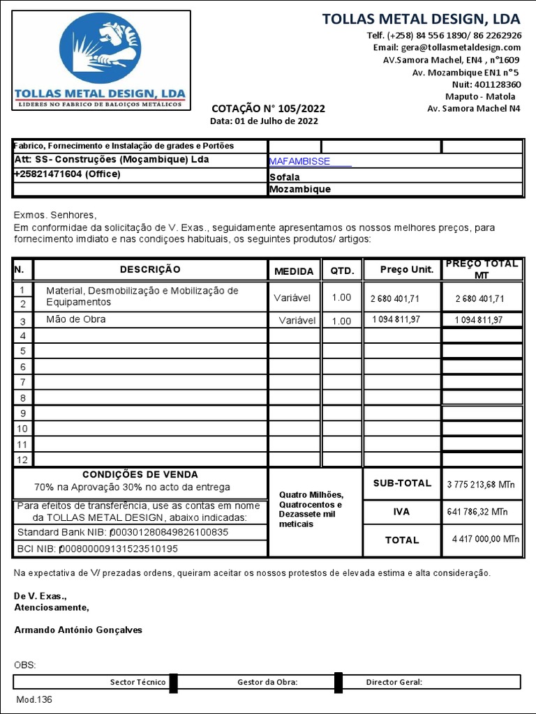 Cotação Grades e Portões de Aço - Mafambisse Rev 00 | PDF
