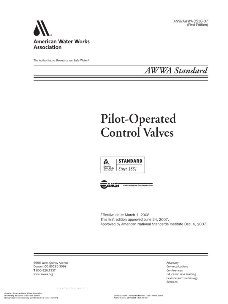 Awwa Standard For Pilot Operated Control Valves | PDF | Pipe (Fluid Conveyance) | Steel