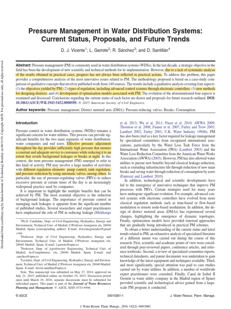 Vicente Et Al. - 2016 - Pressure Management in Water Distribution Systems Current Status ...