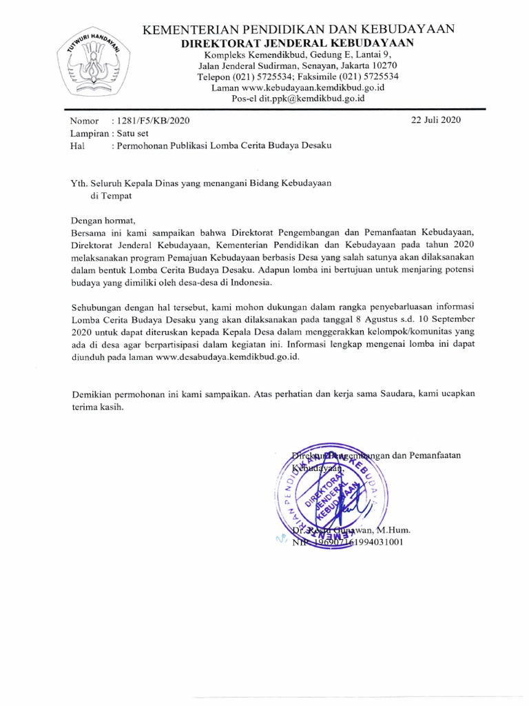 Surat Permohonan Kepala Dinas Bidang Kebudayaan (Lampiran Poster Cap ...