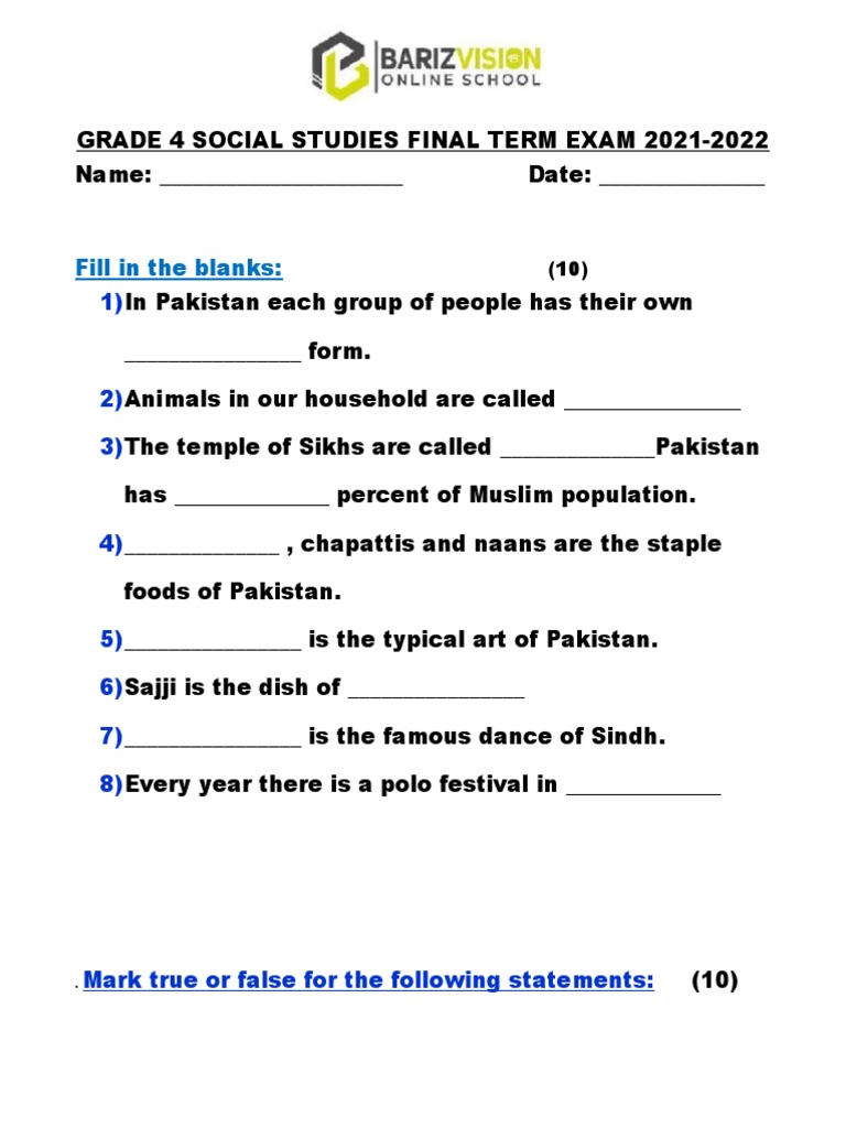 Grade 4 Social Studies Final Term Exam 2022 | PDF | Indian Religions ...