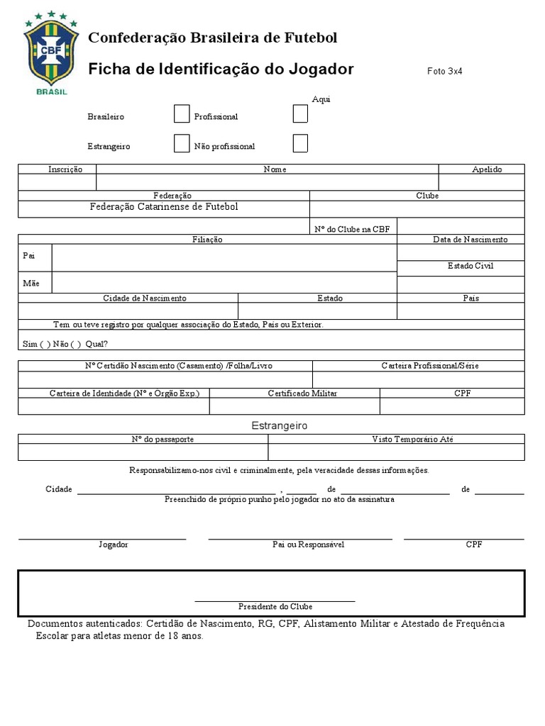 Ficha Do Atleta - CBF | PDF | Brasil | Governo e personalidade