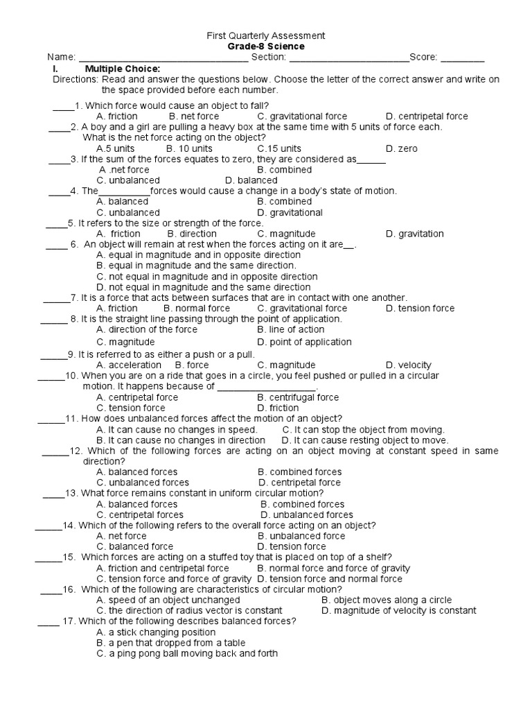 Science 8 1st quarter exam 2021-2022 | PDF | Force | Potential Energy