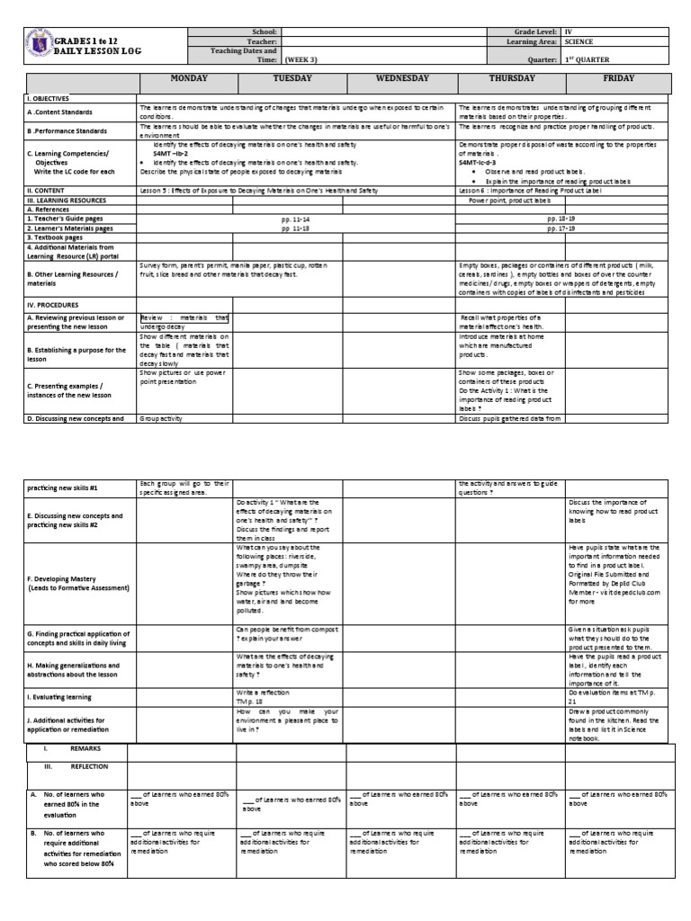 GRADES 1 To 12 Daily Lesson Log Monday Tuesday Wednesday Thursday ...