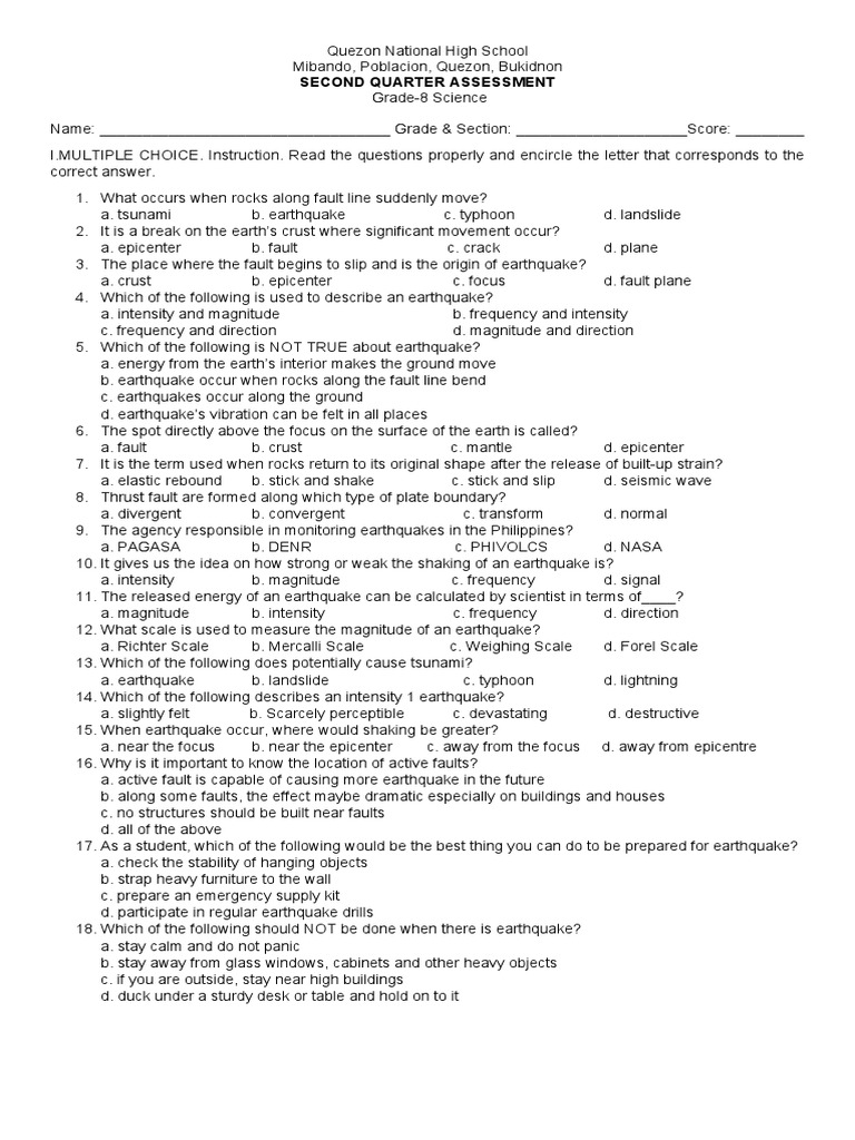 Second Quarter Assessment Grade-8 Science | PDF | Meteoroid | Earthquakes