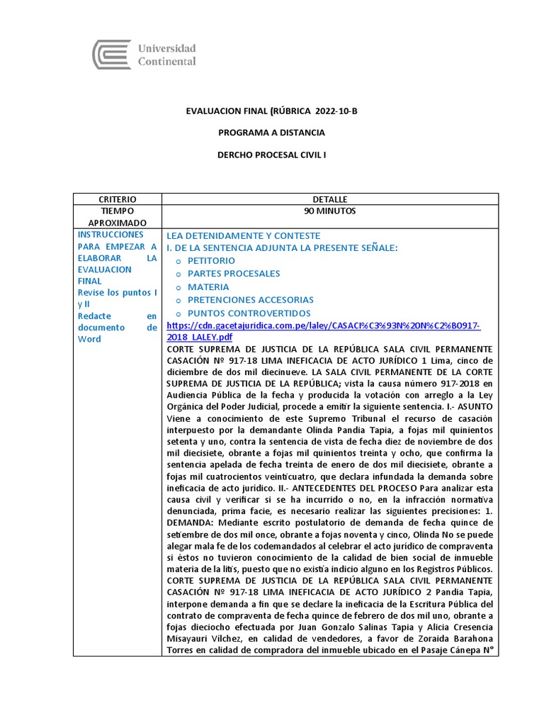 EVALUACION FINAL DERECHO PROCESAL CIVIL - I Consigna | PDF | Ley procesal | Debido al proceso