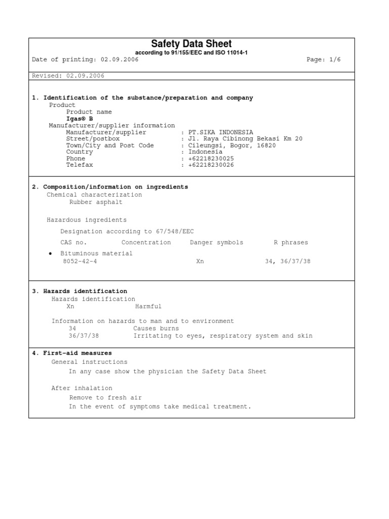 Safety Data Sheet: 1. Identification of The Substance/preparation and ...